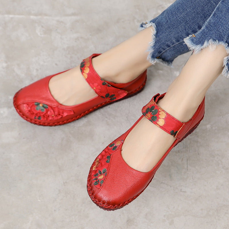 Women's Leather Soft Sole Colorblock Shallow Mouth Flower Flat Shoes ...
