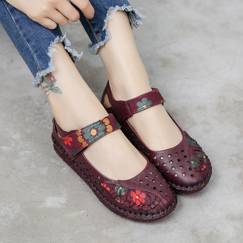 Women's Leather Soft Sole Colorblock Shallow Mouth Flower Flat Shoes ...